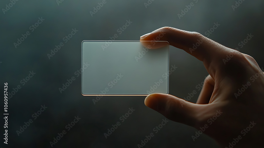A mockup featuring a hand holding a blank translucent card with rounded ...