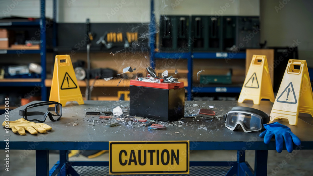 An exploded battery on a table with smoke drifting up, fragments ...