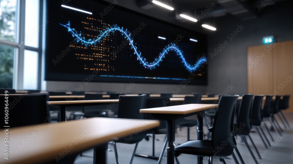 An empty classroom glows softly with ambient light reflecting on smooth ...