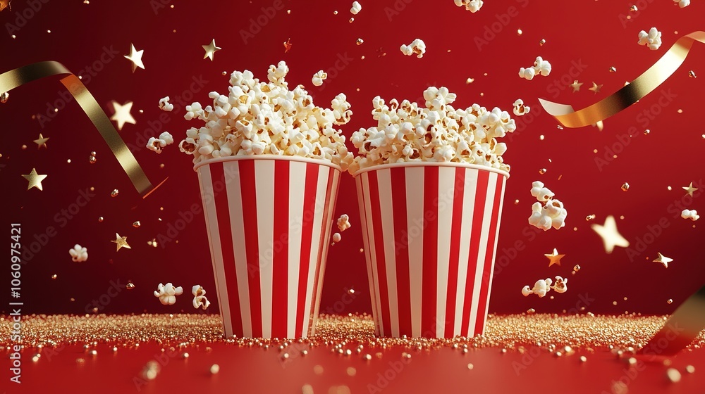 An eye-catching 3D visualization featuring two cinema popcorn containers bursting with popcorn ...