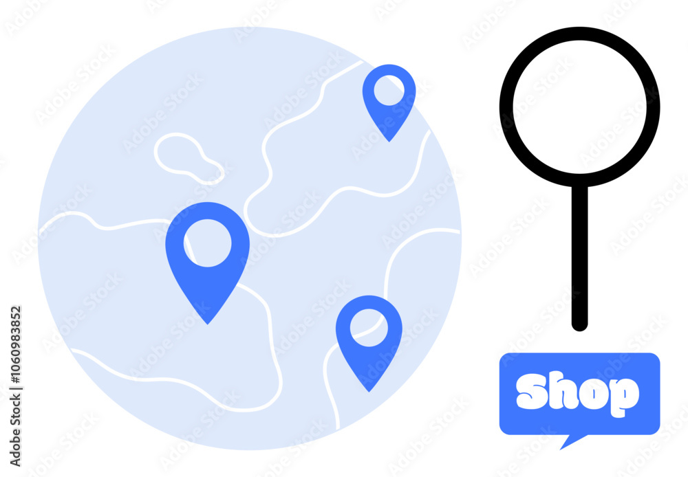 Blue location markers on a world map with a magnifying glass and shop ...