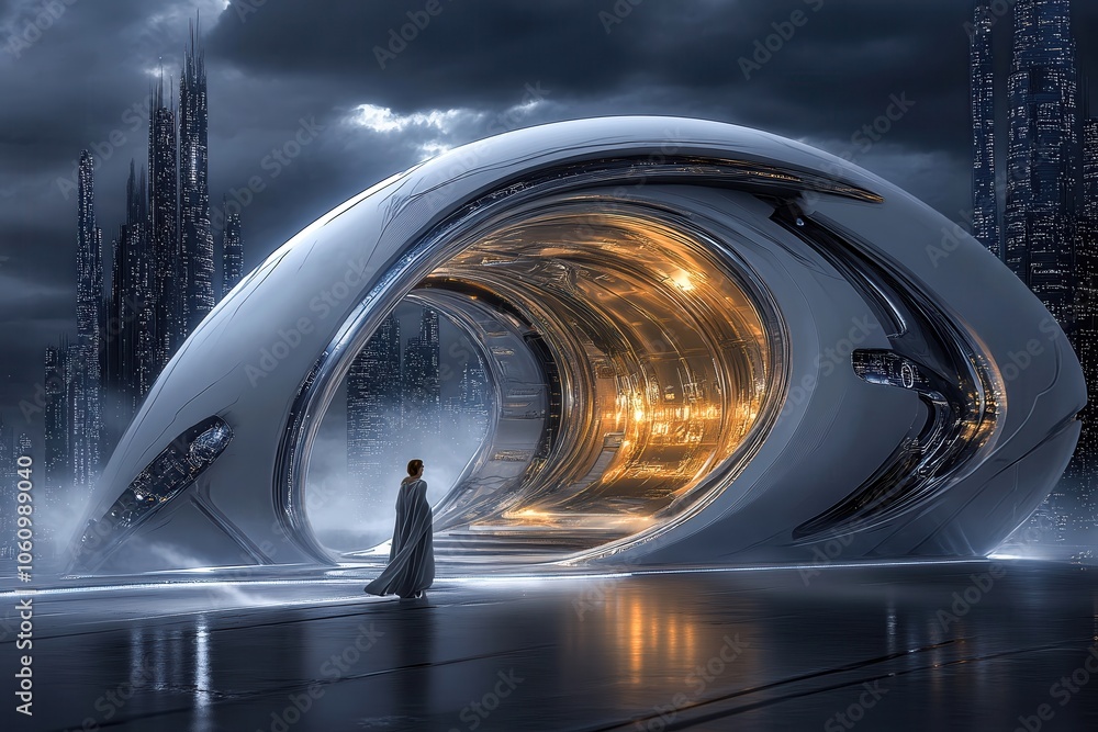 futuristic portal entrance with glowing interior, cloaked figure ...