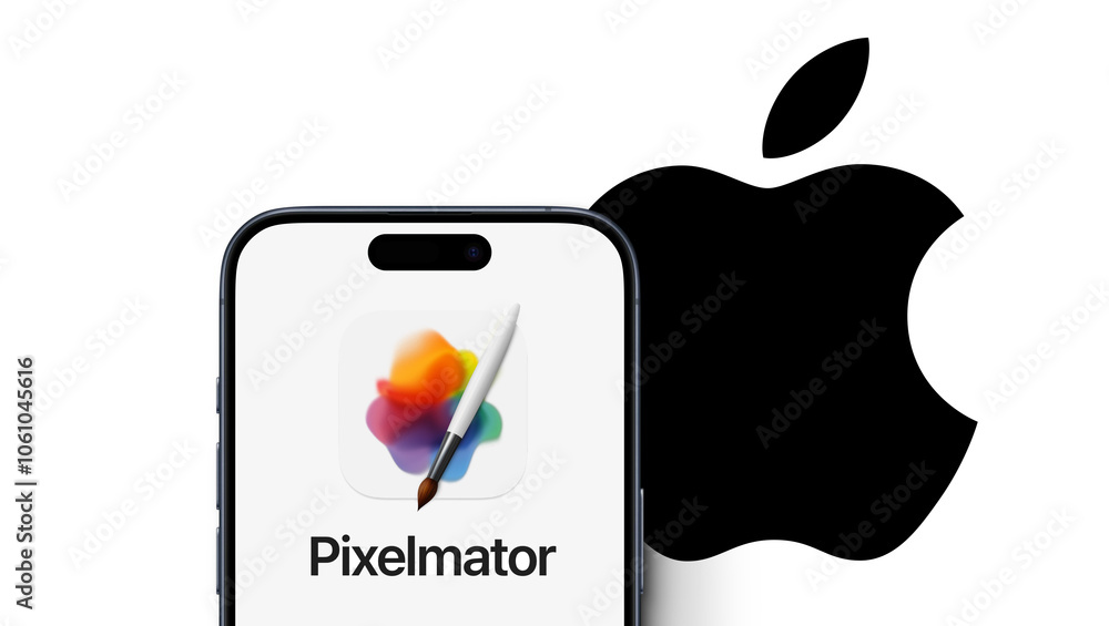 Pixelmator Logo displayed on a modern iPhone 15 Pro, Apple logo behind it, Acquisition, Purchase ...