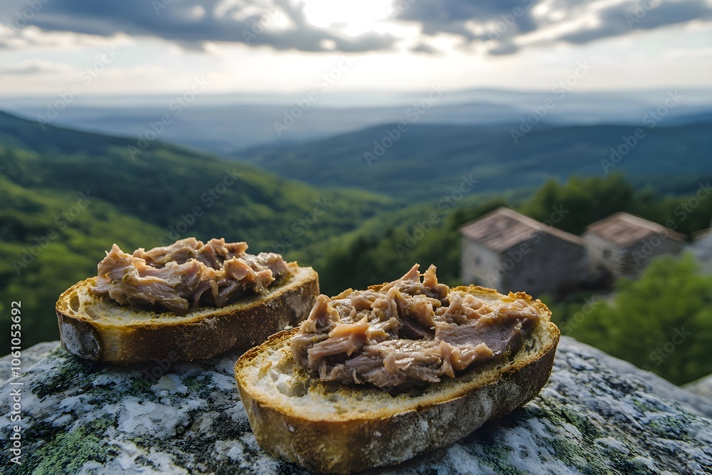 Close-up of rillettes on crusty bread atop a flat rock, showcasing rich ...