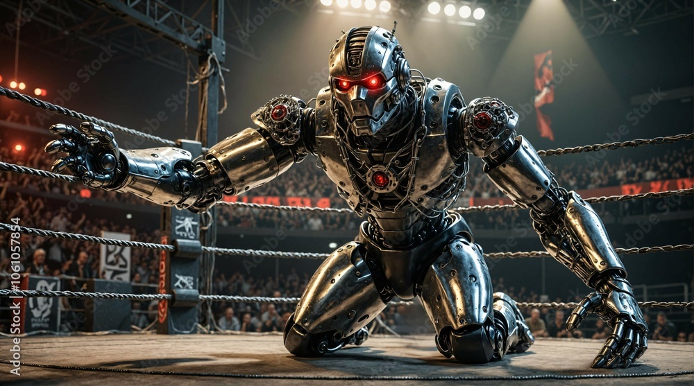 robotic wrestler towering over gritty dieselpunk arena, perfect for ...