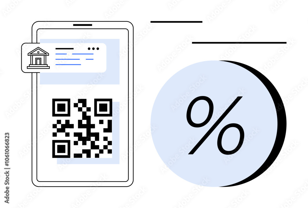 Smartphone displaying a QR code, bank icon, and large percentage symbol ...