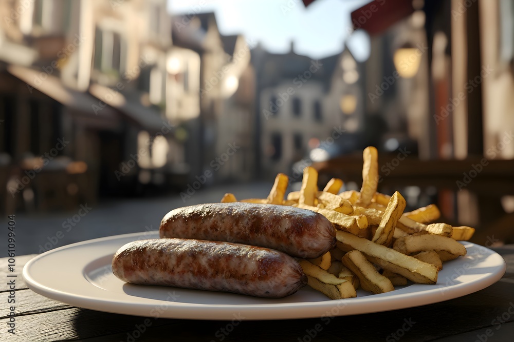 lose-up of two Fricadelles on crispy French fries, served on a simple ...