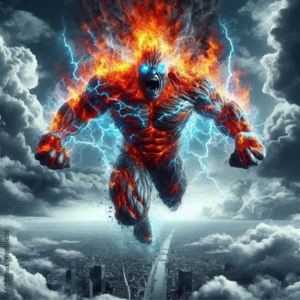 Ai generated illustration of a human flying monster giant fire smoke in ...