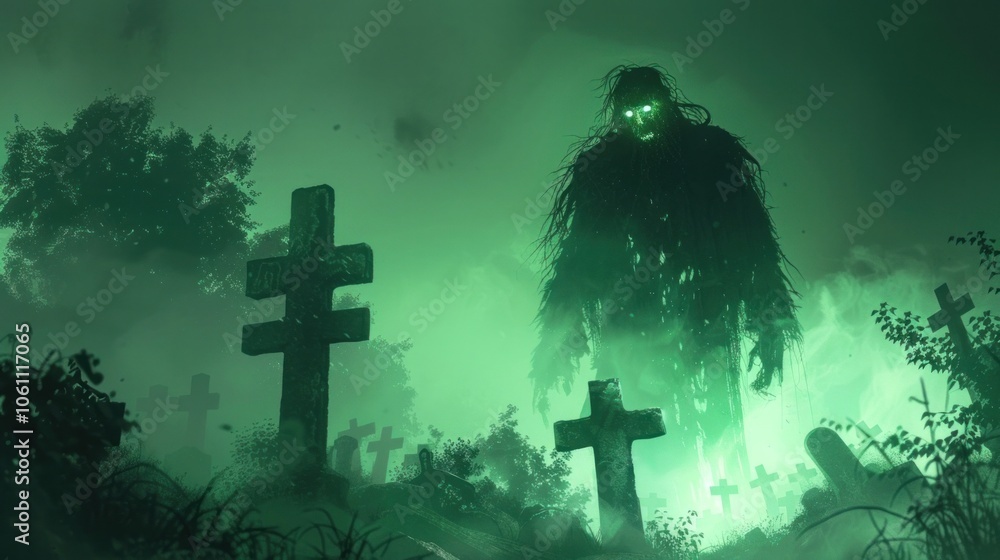 Unsettling silhouette of a dark looming figure emerges from the misty ...
