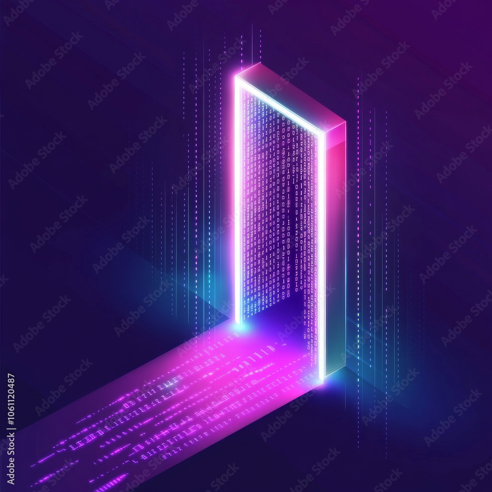 Abstract isometric landing page showing a binary digital code appearing ...