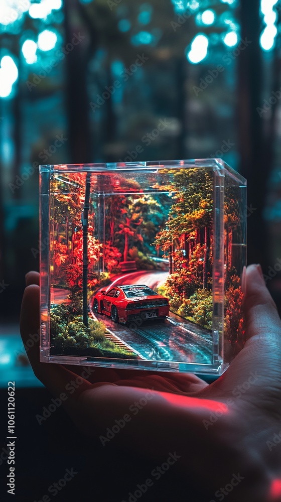 A candid photo of a diorama enclosed in a transparent polymer cube ...