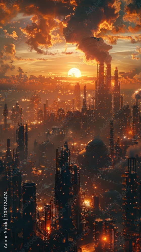 Apocalyptic futuristic cityscape with smoking power plants and ...