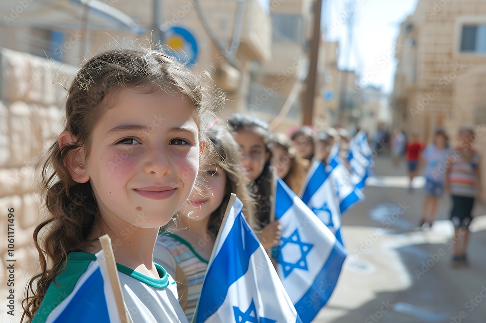 Smiling young girl with other children holding Israeli flags in a ...