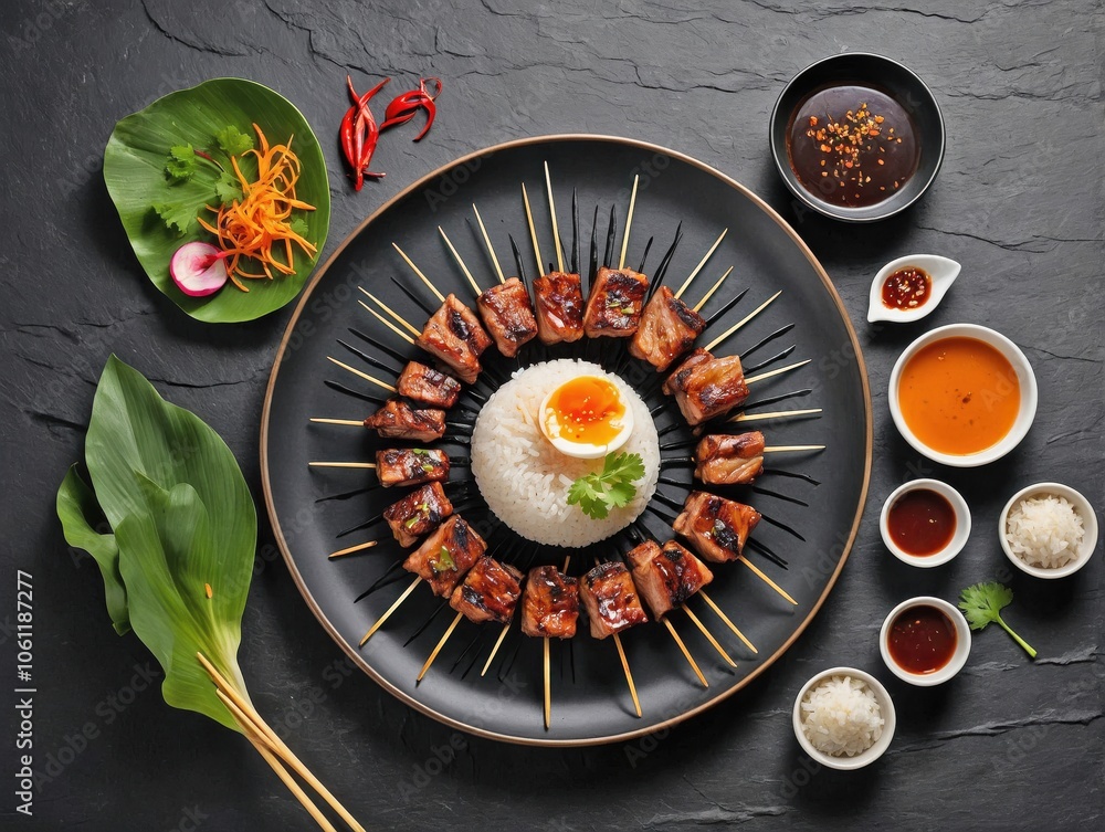 Overhead View of Moo Ping with Sticky Rice and Thai Dipping Sauce Stock ...