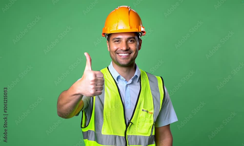 construction worker giving a thumbs-up gesture isolate on green screen ...