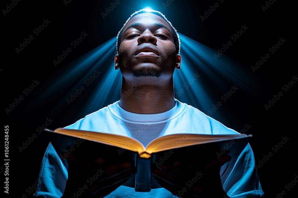 Prisoner reading in a dim cell with a single light, capturing the ...