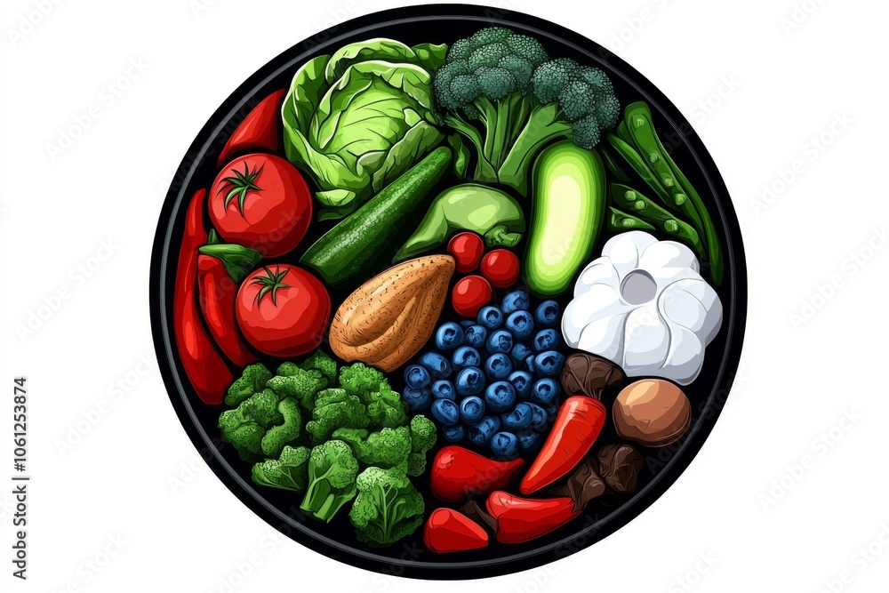 a 2D cartoon illustration of a healthy plate of food with greens and ...