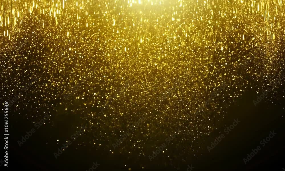 Golden glitter background in slow motion. Beautiful transition with real gold particles flying ...