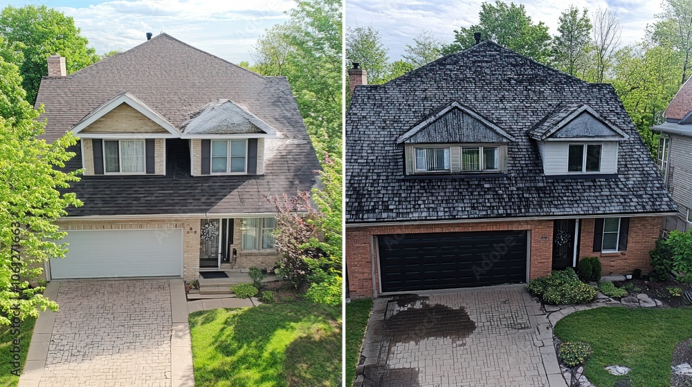 Half cleaned house roof showing before and after effect of roof ...