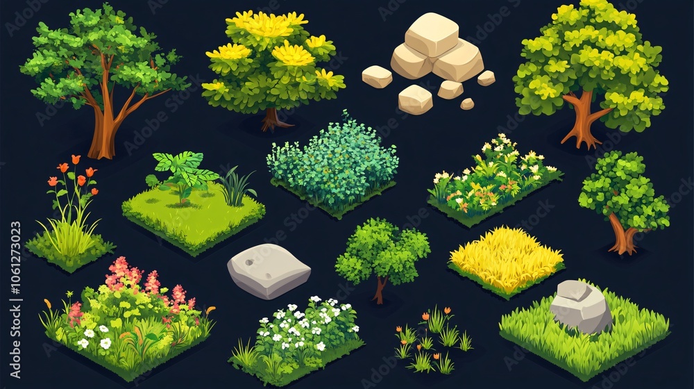2410_088.colorful isometric game environment tiles, diverse vegetation ...