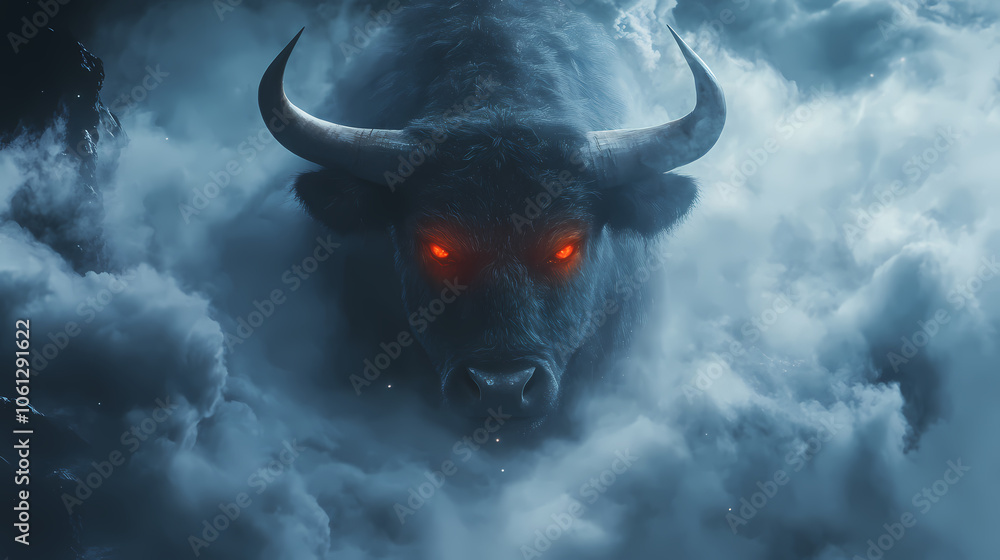A fierce bull with glowing red eyes emerges from a swirling cloud of ...