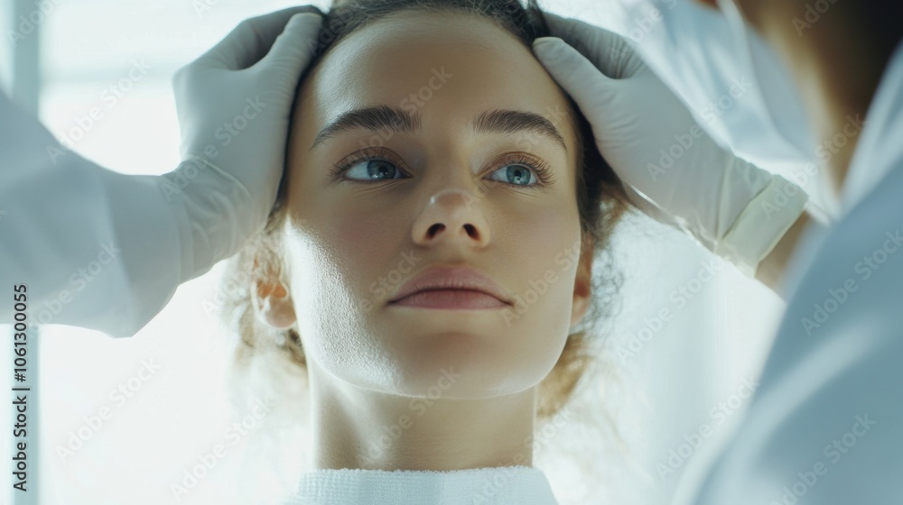 Female patient receiving a detailed facial assessment in a ...