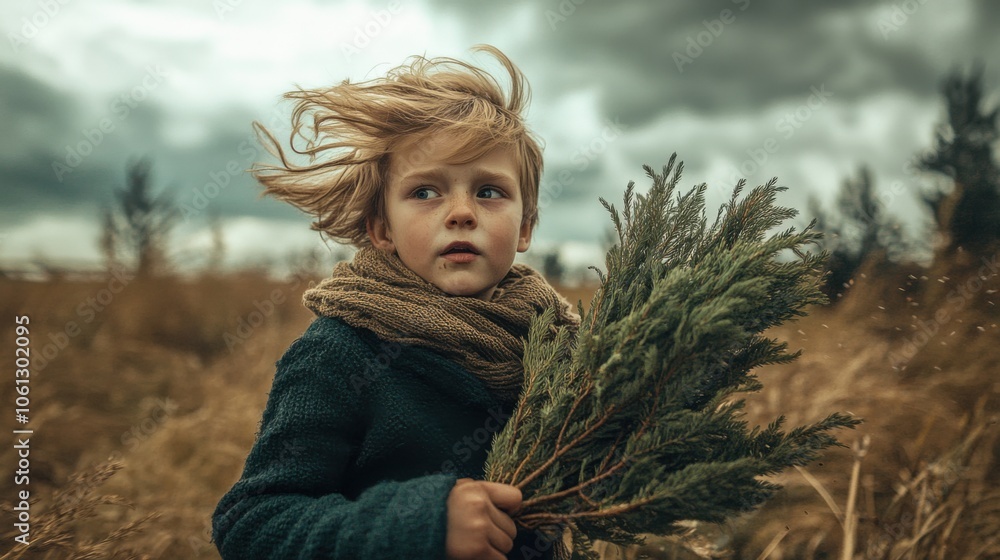 Funny image of a boy clutching a fledgling tree in a strong gust, hair ...