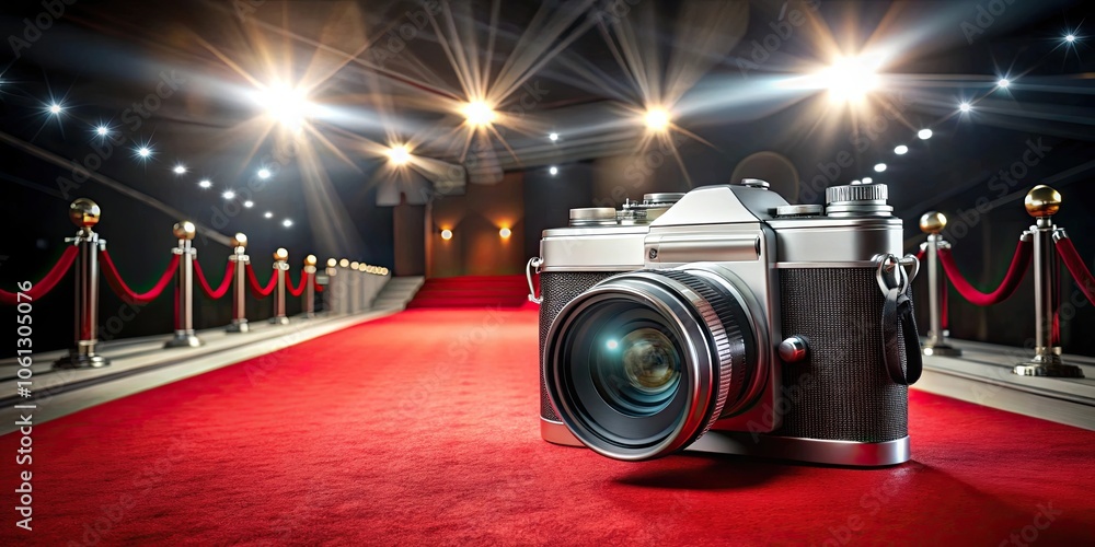 Film camera on a red carpet at a glamorous movie premiere, film, camera ...