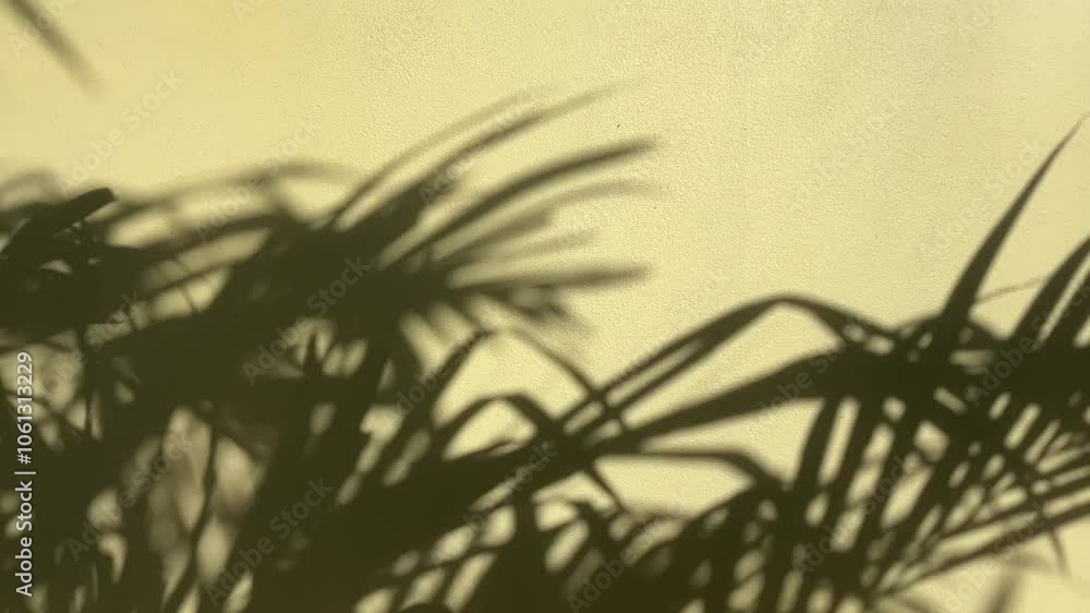 Silhouette plant leaves shadow blowing on yellow concrete wall ...