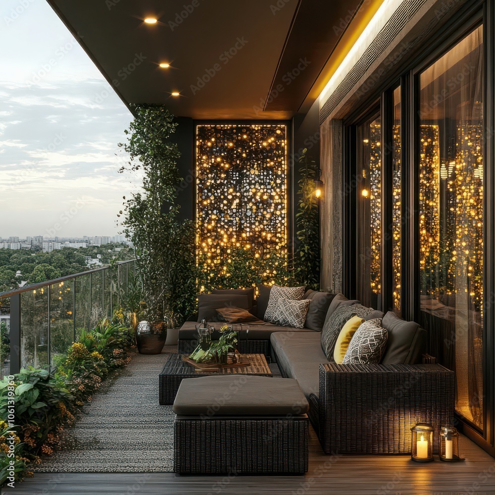 Stylish balcony design with a luxurious dark and gold color scheme ...