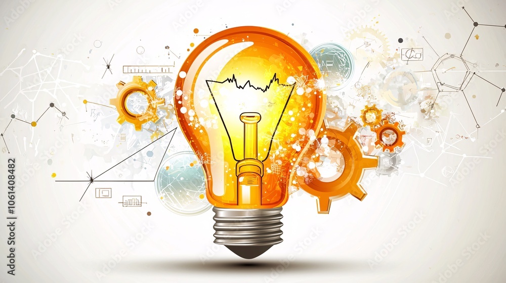 illustration of a light bulb, gears, and formula symbols representing ...
