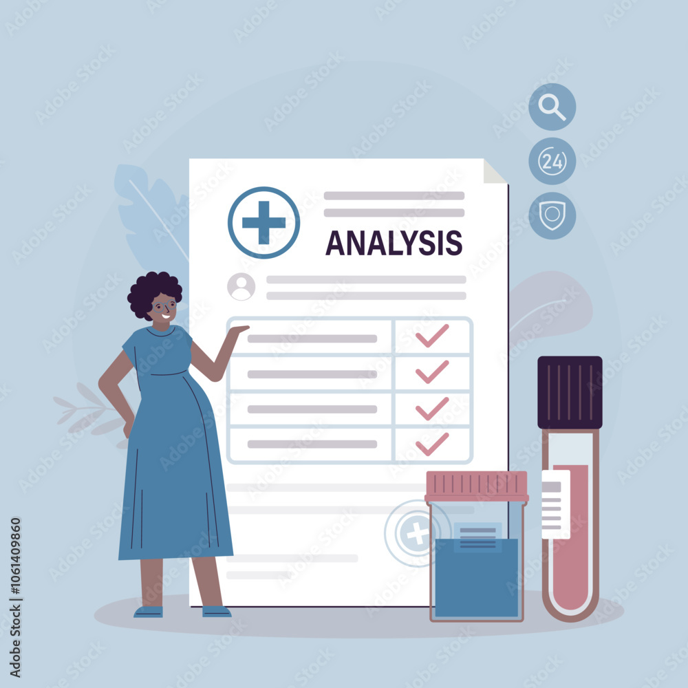 Blood and urine test tubes. Medical form with results data. Routine ...