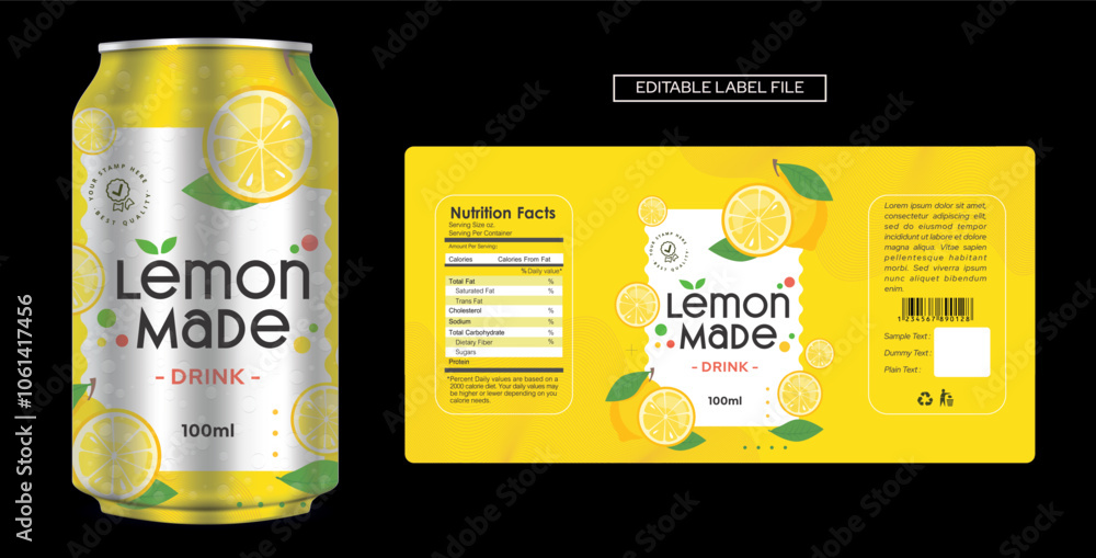 Lemon drink label design, lemon juice soft drink label design. Soda can ...