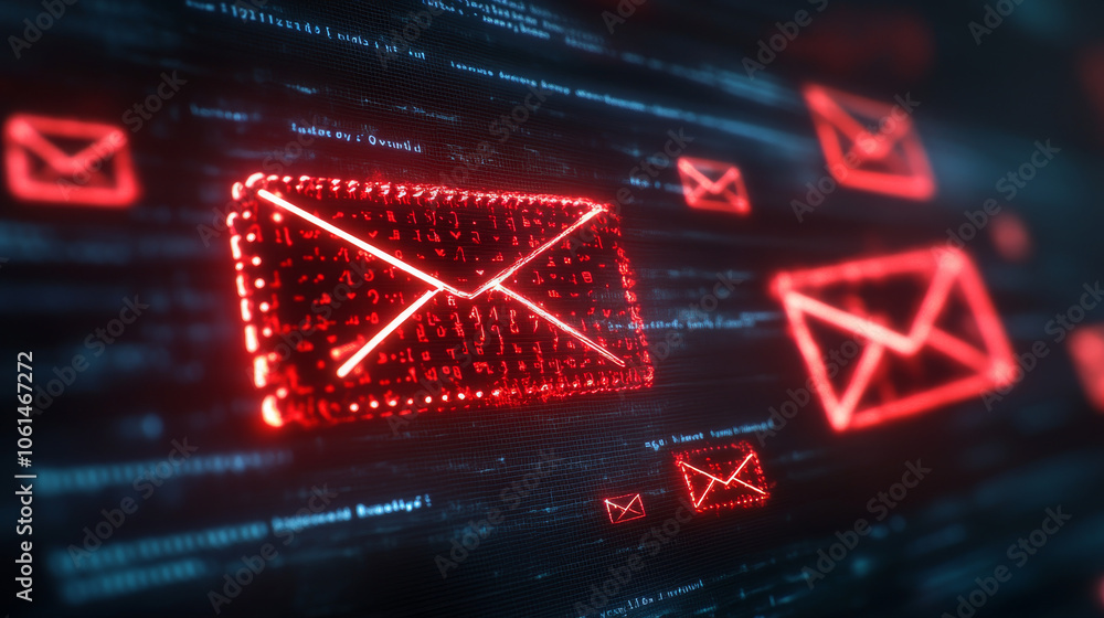An email inbox shows a spam virus warning. It also displays icons for ...