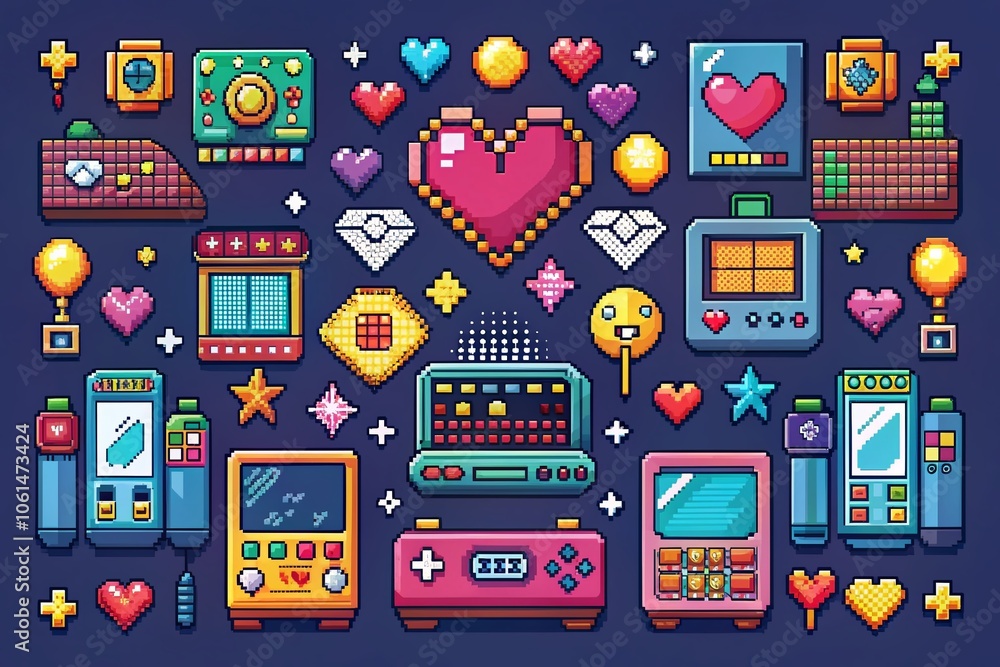 Retro Pixel Game Icons Set: 8-Bit Arcade UI Elements, Controller Items ...
