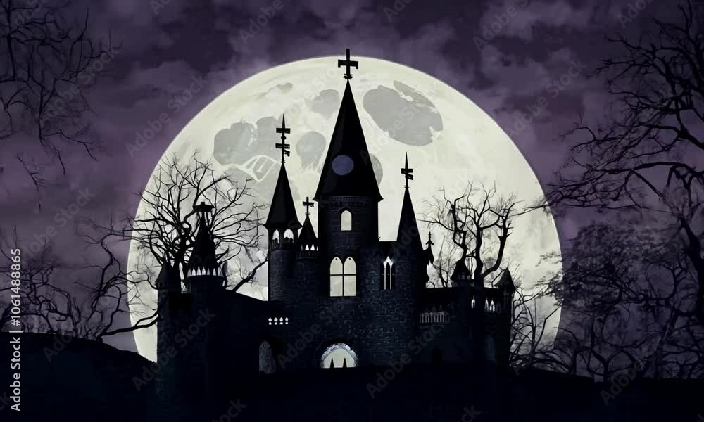 Scary Halloween castle under a full moon in the dark night ...