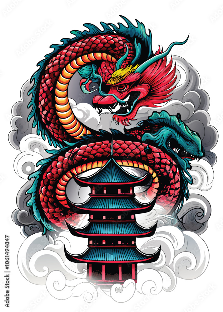 A fierce dragon coiled around itself in the traditional Japanese tattoo ...
