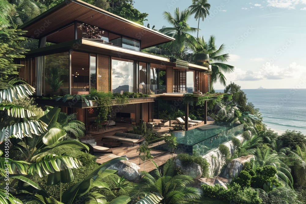 A modern tropical home with an open-air design, featuring an infinity ...