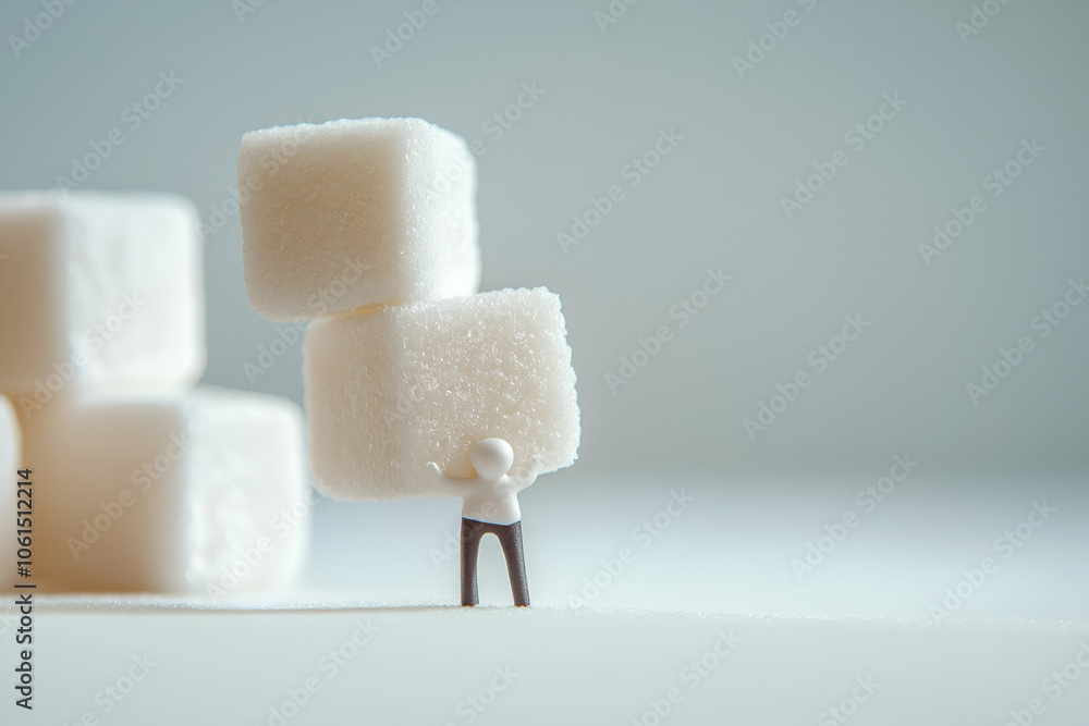Miniature man lifting giant sugar cubes, surreal concept of scale and ...