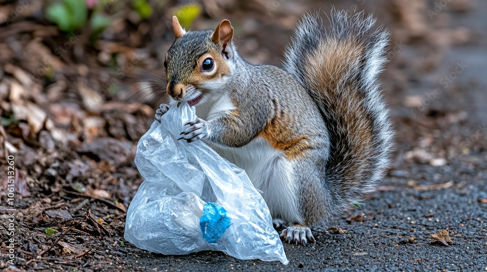 Squirrels energetically playing with various pieces of plastic litter in a forest environment ...