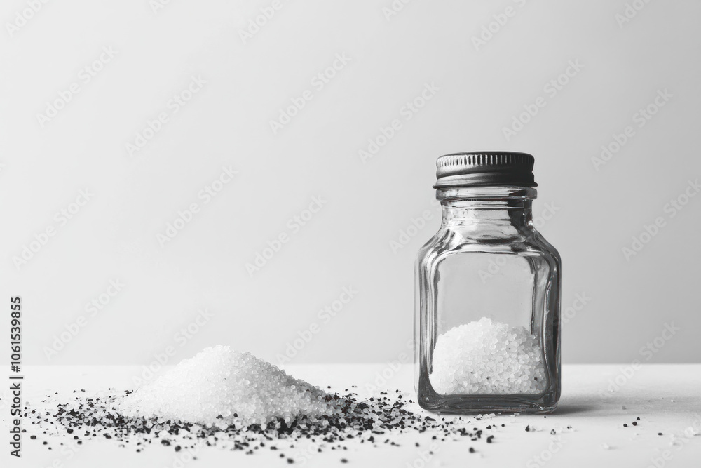 Close-up of a salt shaker pouring on a plate of freshly cooked ...