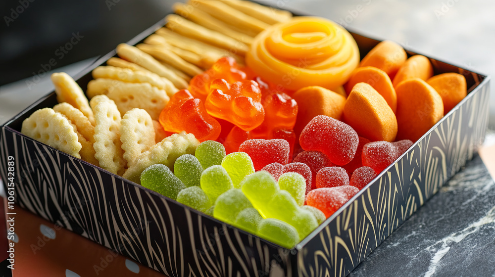 Delightful snack box filled with colorful childhood treats, including ...