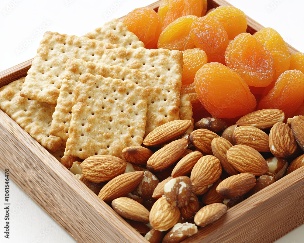 Healthy snack box filled with gluten free crackers, dried apricots, and ...