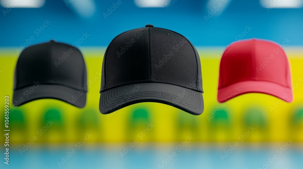 Three hats are shown in the air, one black, one red, and one white. The ...