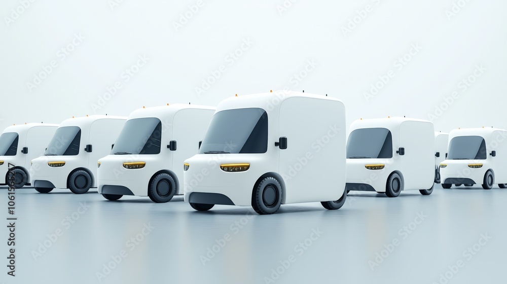 Fleet of futuristic delivery vans with a sleek design and white isolate ...