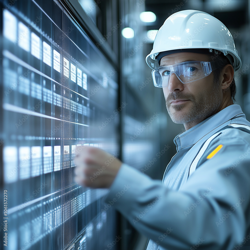 Plant manager wearing safety glasses is interacting with a futuristic ...
