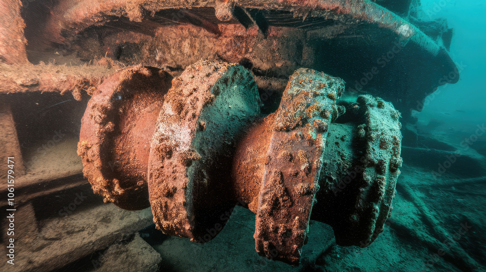 An eerie view of a rusted ship's propeller underwater, covered in ...