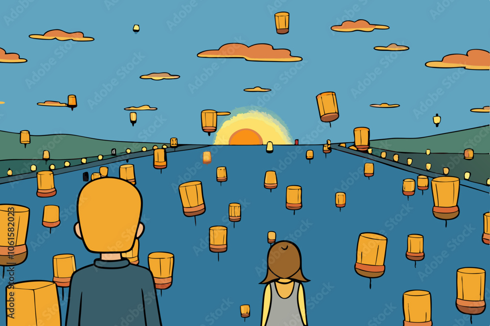 Cartoon Sunset with Floating Lanterns: A Vibrant Evening Scene Over a ...