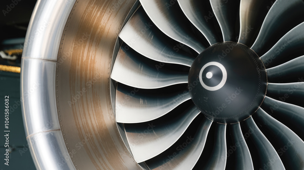 Close-up of a jet engine turbine, showcasing intricate metallic blades ...