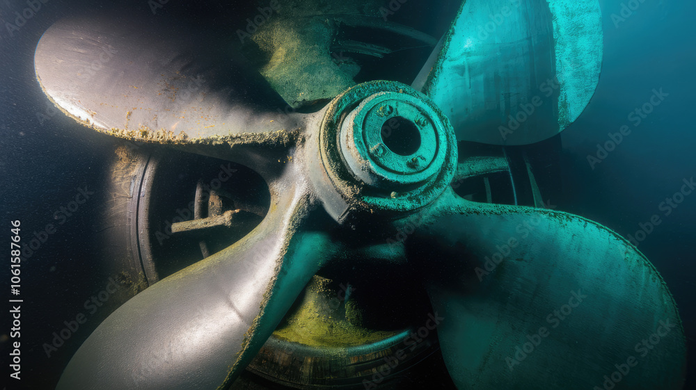 An underwater view of a large ship's propeller, showcasing its worn ...